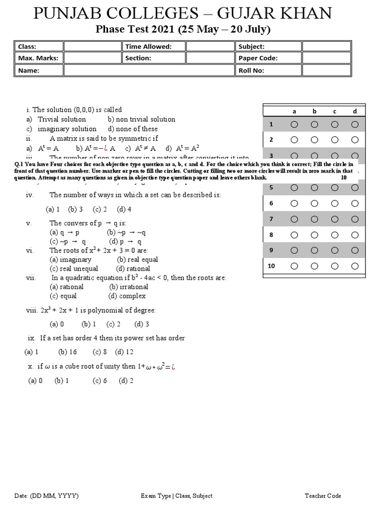 Math Phase Test Questions 2021 | PDF | Matrix (Mathematics) | Polynomial