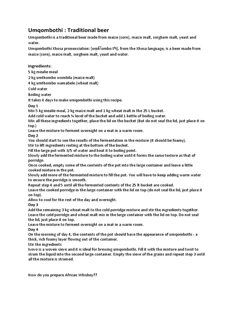 Umqombothi: Traditional Beer: Ingredients | PDF