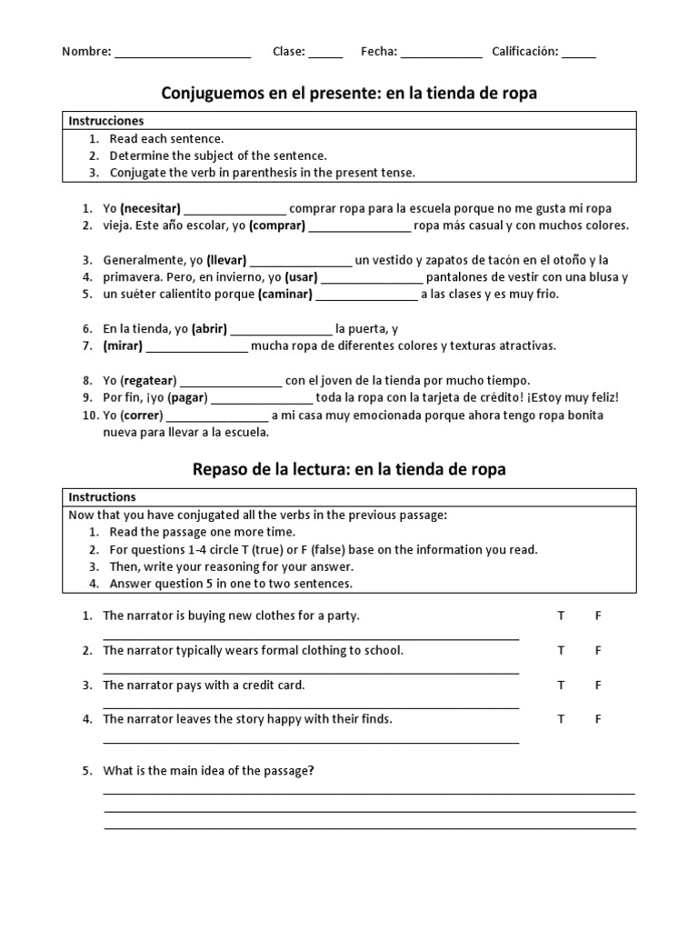 Conjuguemos en El Presente: en La Tienda de Ropa: Instrucciones | PDF ...