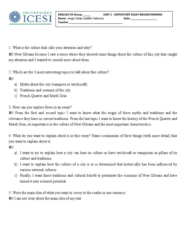 Class 2 - Expository Essay Pre-Writing Worksheet Culture | PDF