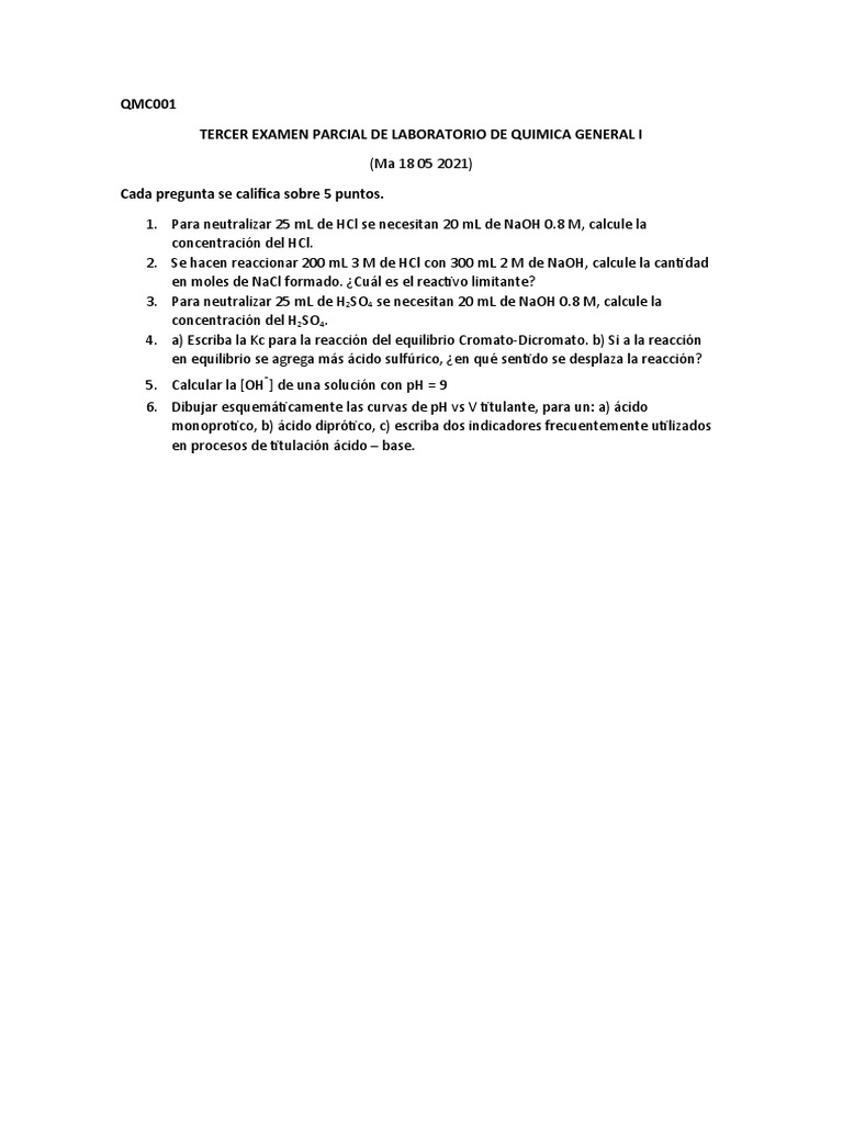 QMC001 TERCER Exam Parc LAB Q GRAL I Ma 18 05 2021 | PDF