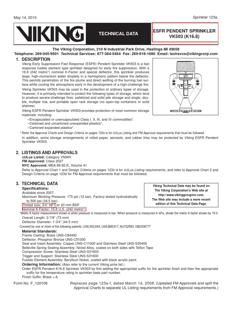 Viking VK 503 | PDF | Fire Sprinkler System | Building Engineering