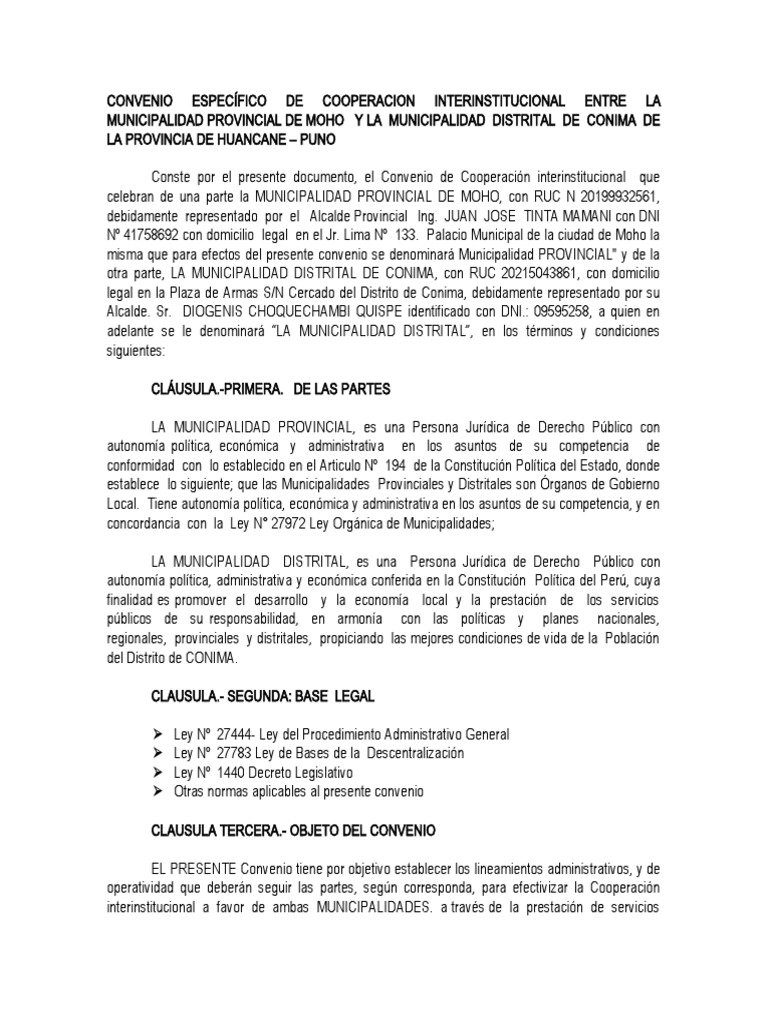 Convenio Específico de Cooperacion Interinstitucional Entre La Municipalidad Provincial de Moho ...