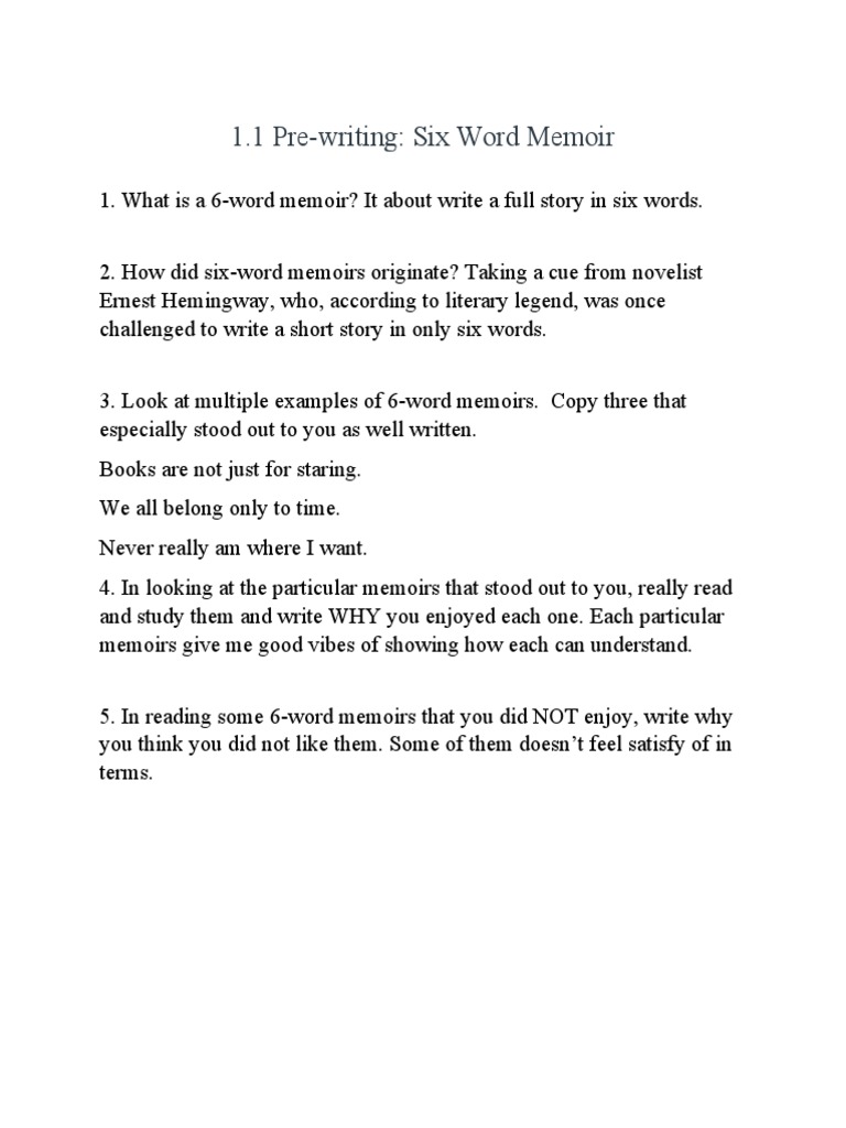 1.1 Pre-Writing in Six Word Memoir | PDF