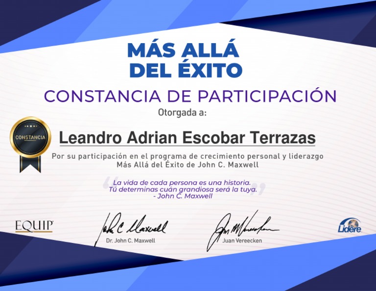 Leandro Adrian MAS ALLA DEL EXITO Certificado Mas Alla Del Exito MAS ...