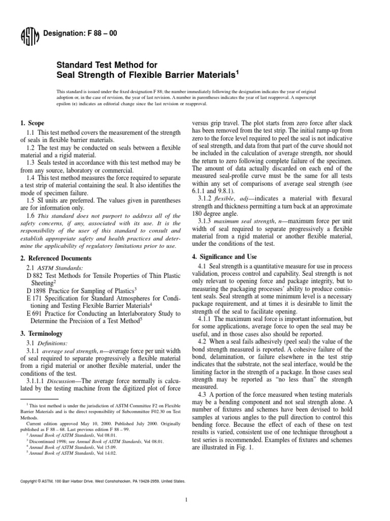 Seal Strength of Flexible Barrier Materials: Standard Test Method For ...