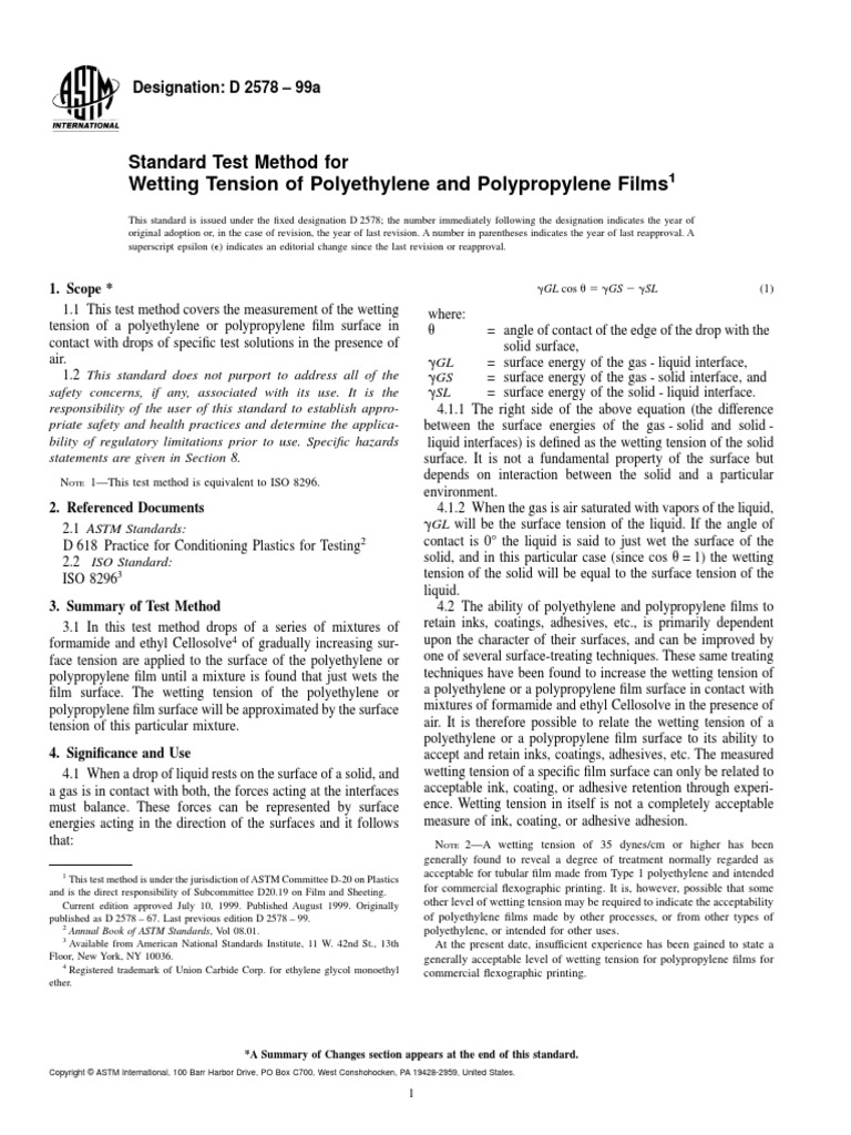 Wetting Tension of Polyethylene and Polypropylene Films: Standard Test ...