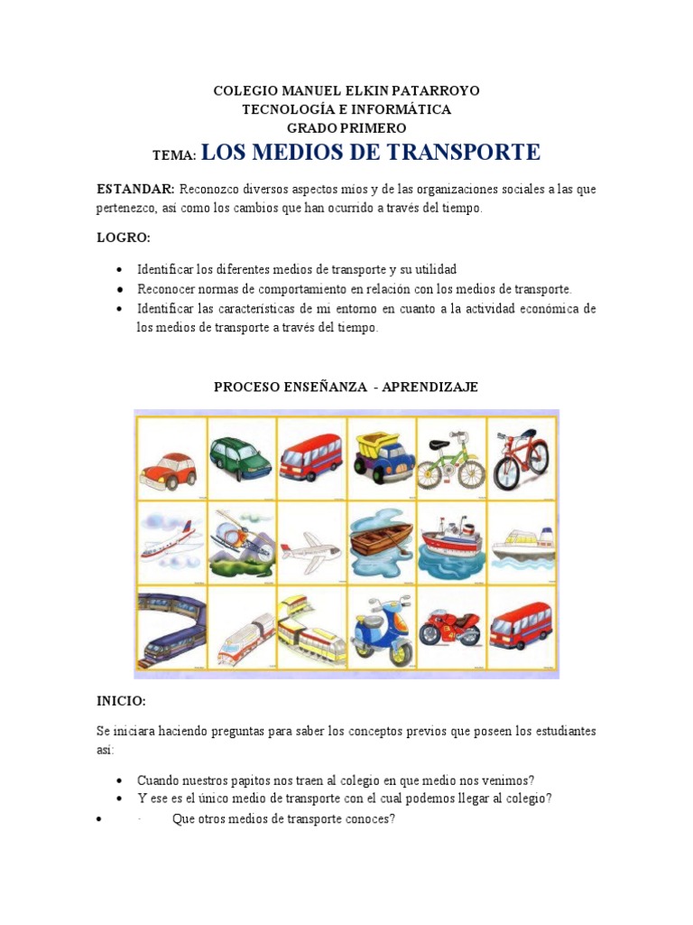 Guia 6 Medios de Transporte Grado 1° | PDF | Transporte | Coche
