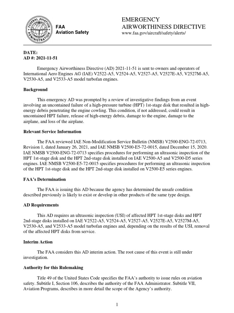 Emergency Airworthiness Directive: FAA Aviation Safety | PDF | Federal ...