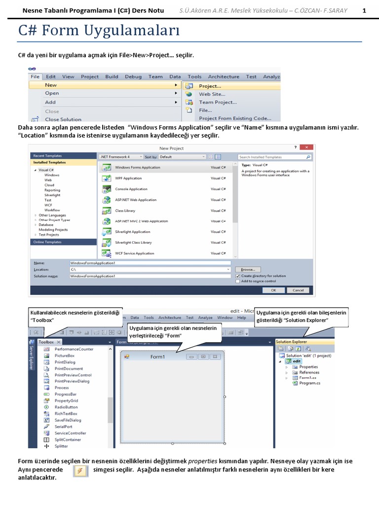 C# Form Uygulamaları. Nesne Tabanlı Programlama I (C#) Ders Notu. S.Ü ...
