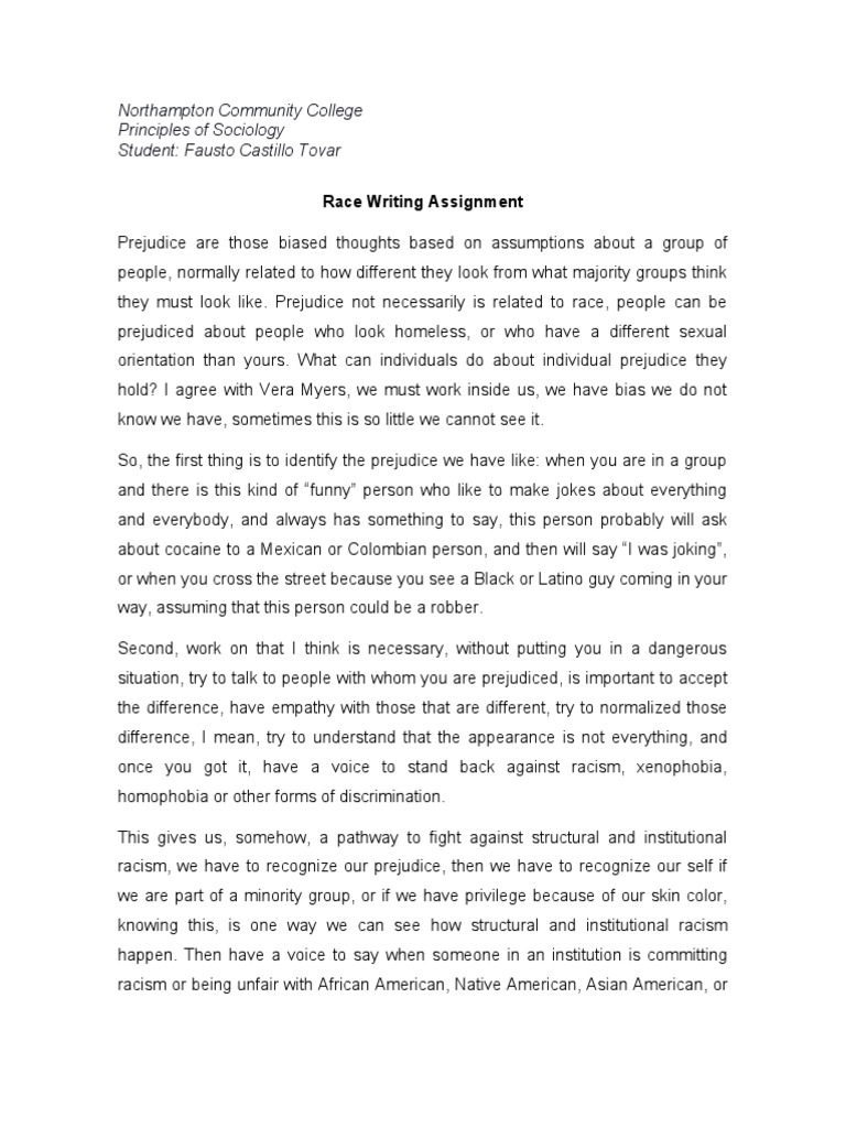 Race Writing Assignment | PDF | Racism | Discrimination & Race Relations
