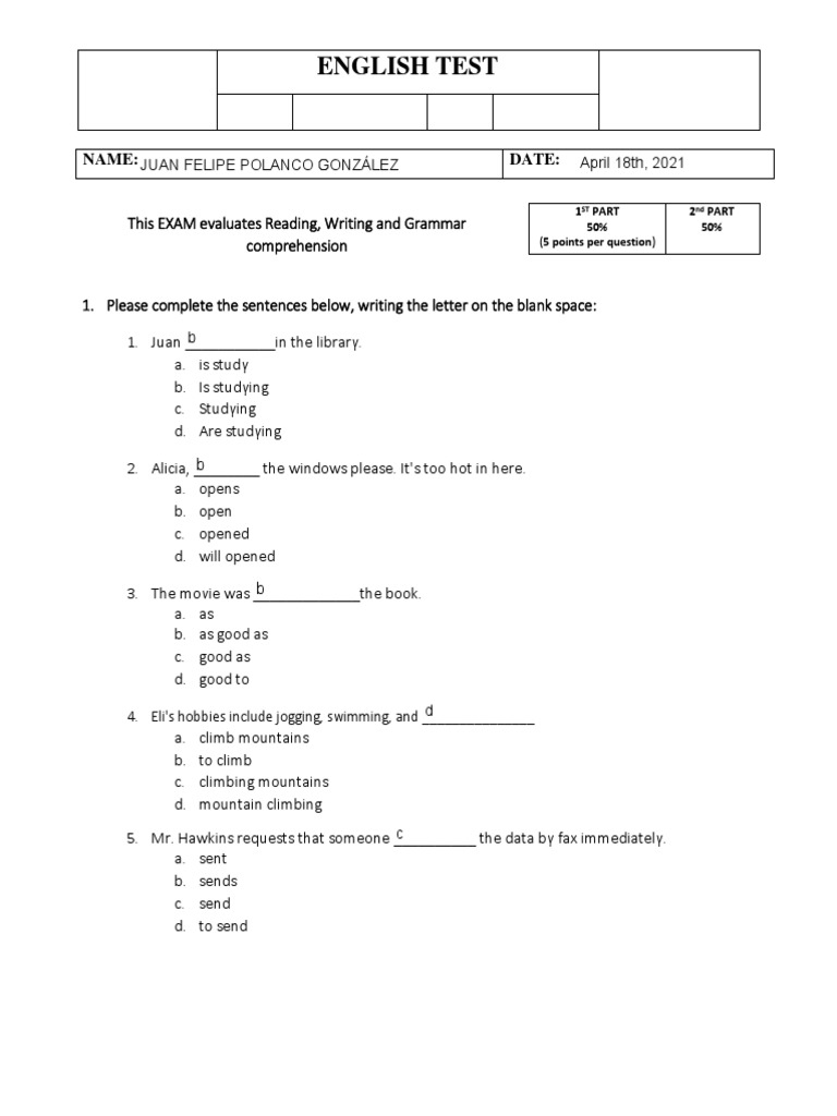 ENGLISH TEST Updated 2021 | PDF