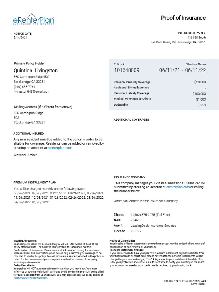 Proof of renters insurance document | PDF | Home Insurance | Insurance