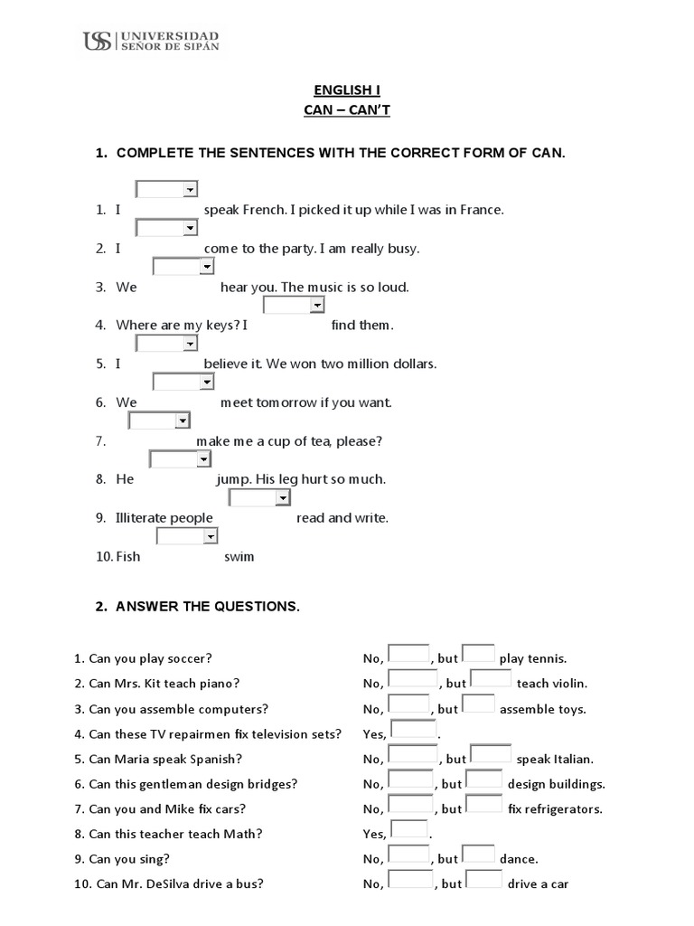 English I Can - Can'T 1.: Complete The Sentences With The Correct Form ...