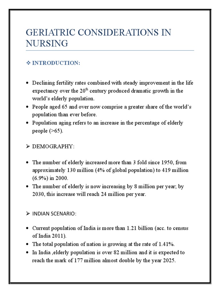 Geriatric Considerations in Nursing: Introduction | PDF | Ageing ...
