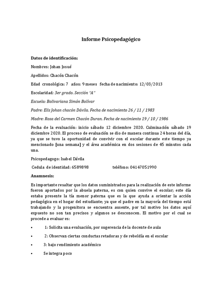 Informe Psicopedagógico de Johan | PDF | Evaluación | Color