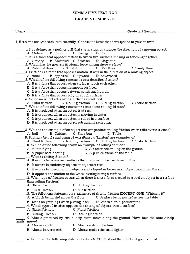3rd Quarter Summative Test in Science 6 | PDF | Friction | Force