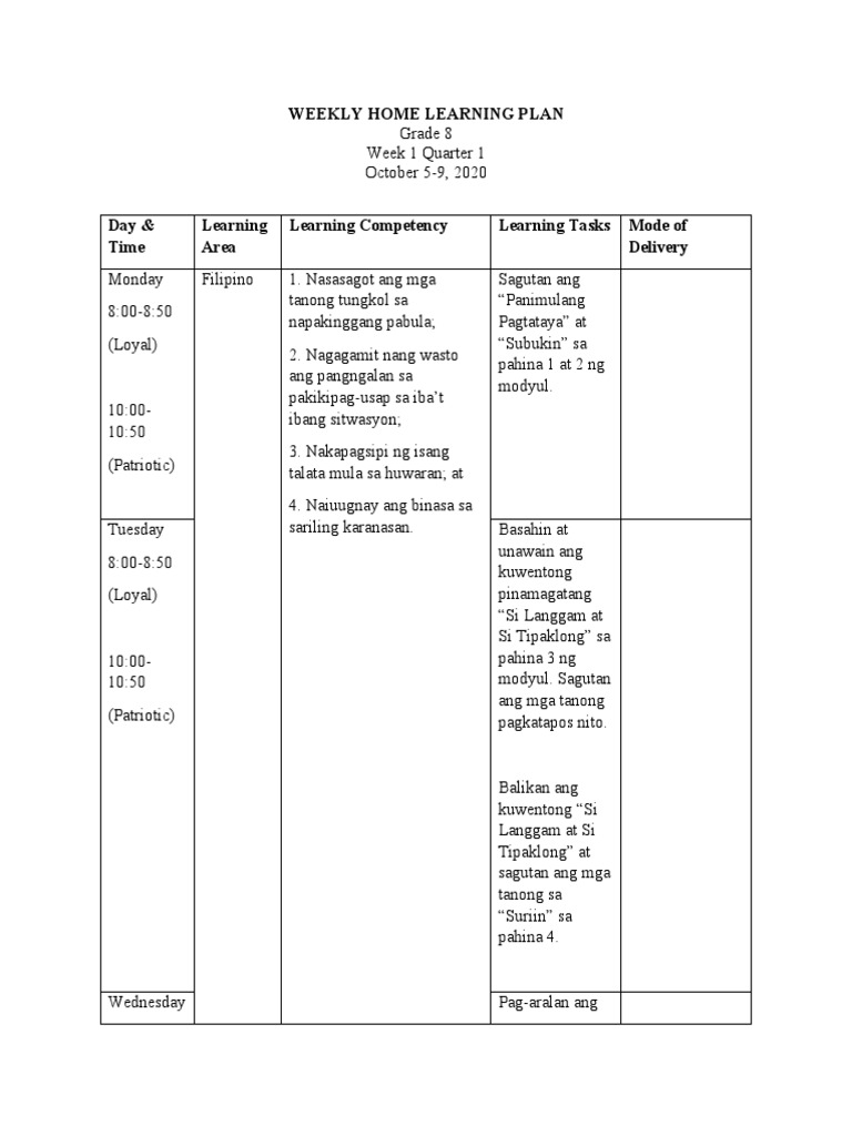 WHLP For Filipino Subject Teacher | PDF