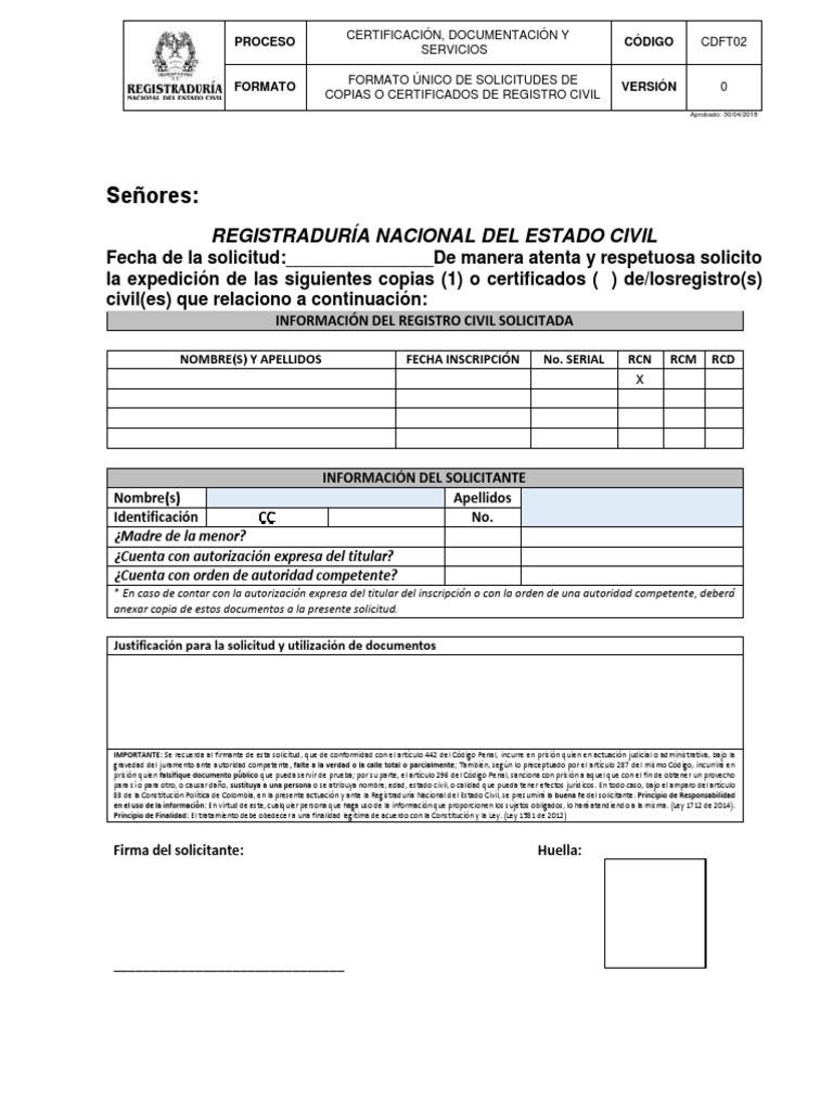 Formato Solicitud Registro Civil | PDF | Estado (política) | Política