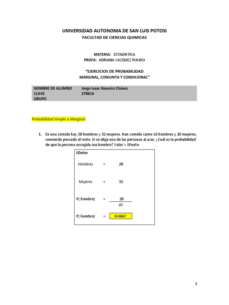 Ejercicios de Probabilidad Marginal, Conjunta y Condicional | PDF ...