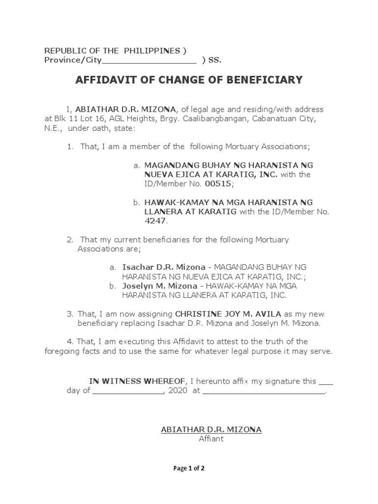 Affidavit of Change of Beneficiary
