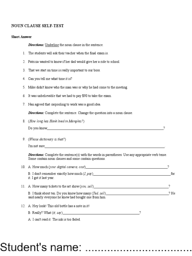 Noun Clause Self-Test: Directions: Underline The Noun Clause in The ...