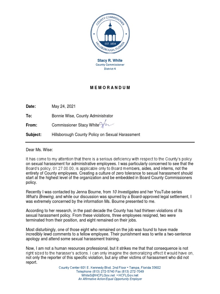 Memo From Commissioner White On Hillsborough County Policy | PDF ...