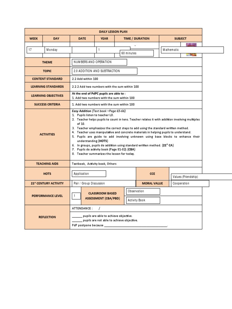 Daily Lesson Plan: Addition Within 100 | PDF | Lesson Plan | Teachers