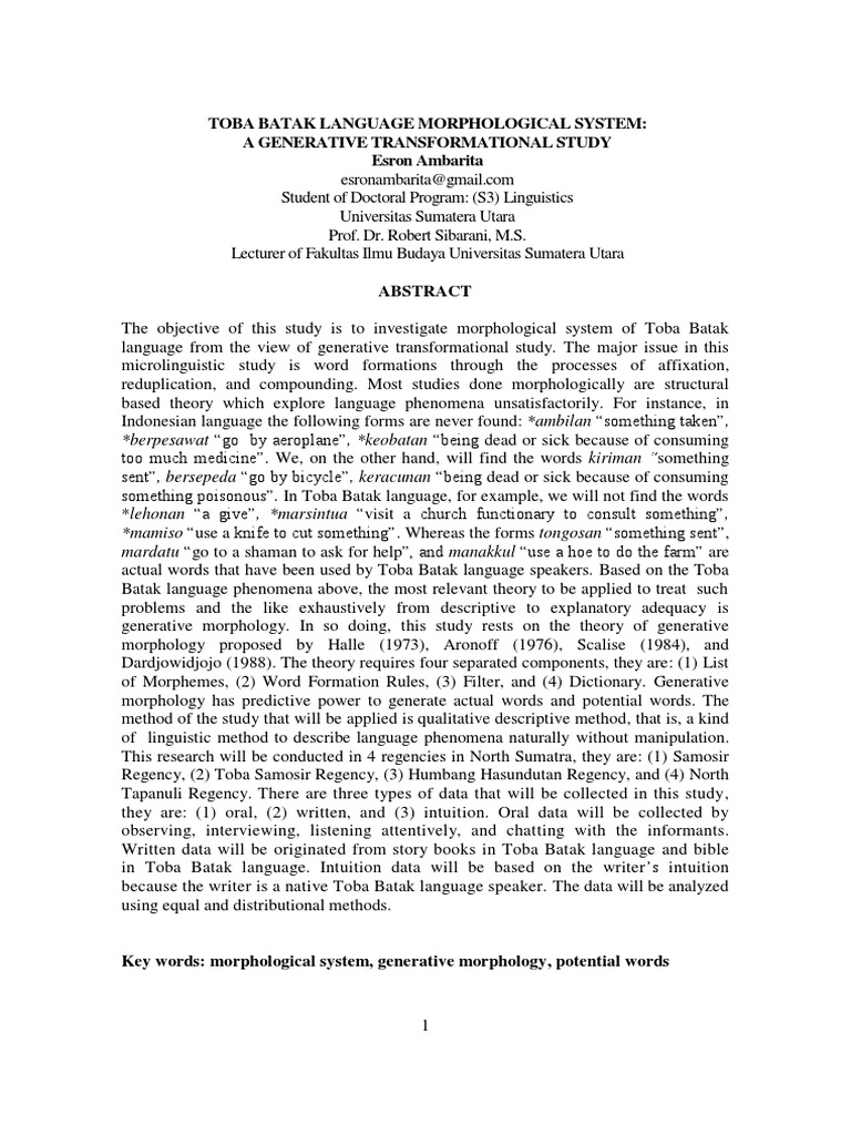 Toba Batak Language Morphology Study | PDF | Morphology (Linguistics ...
