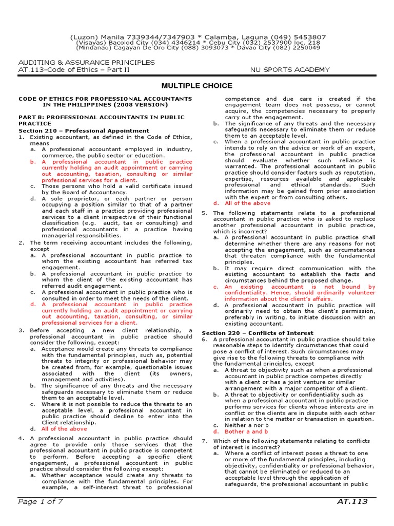 Multiple Choice: Auditing & Assurance Principles AT.113-Code of Ethics - Part II Nu Sports ...