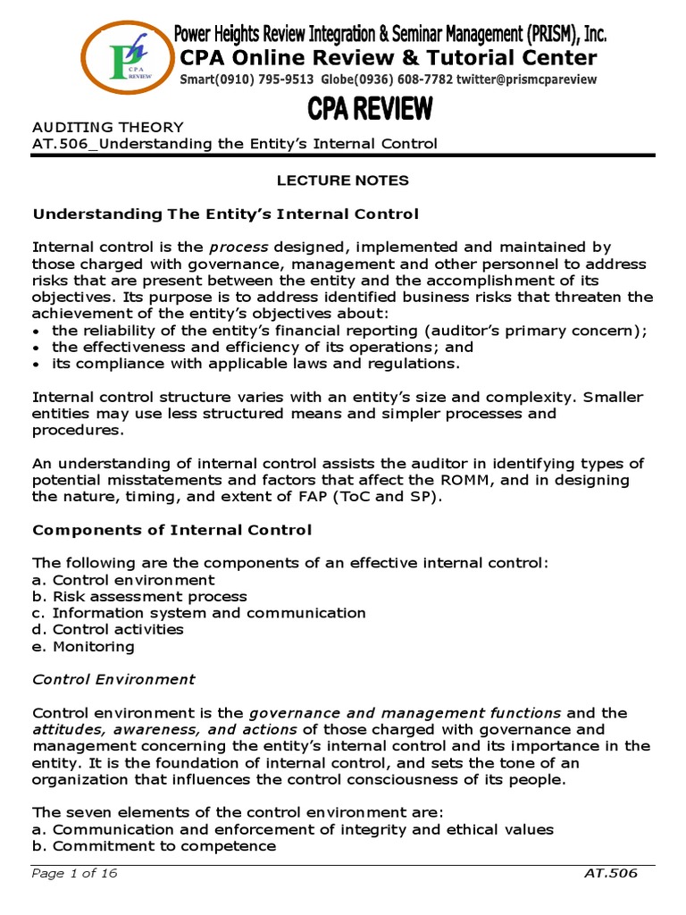 AT.506 - Understanding The Entity's Internal Control - ER | PDF | Internal Control | Financial Audit