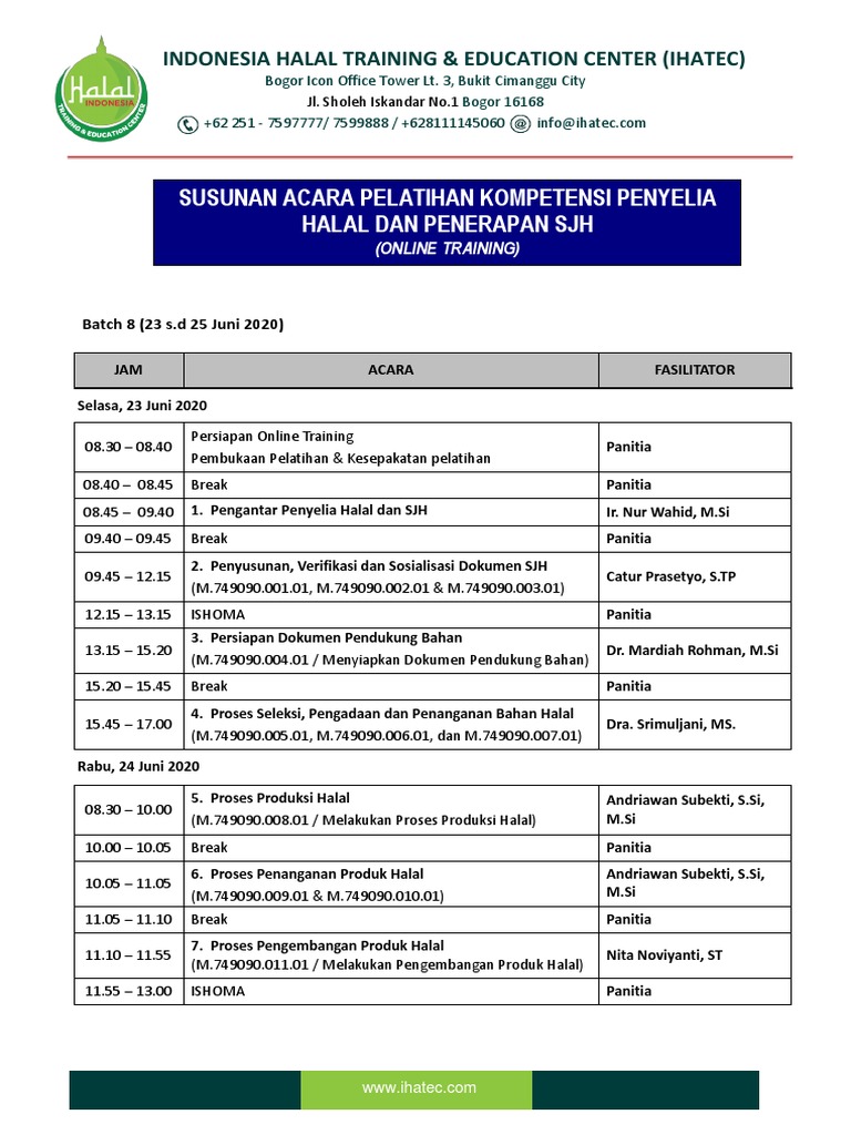 SUSUNAN Acara Kompetensi Penyelia Halal Dan Penerapan SJH (Online Training) Berbasis SKKNI ...