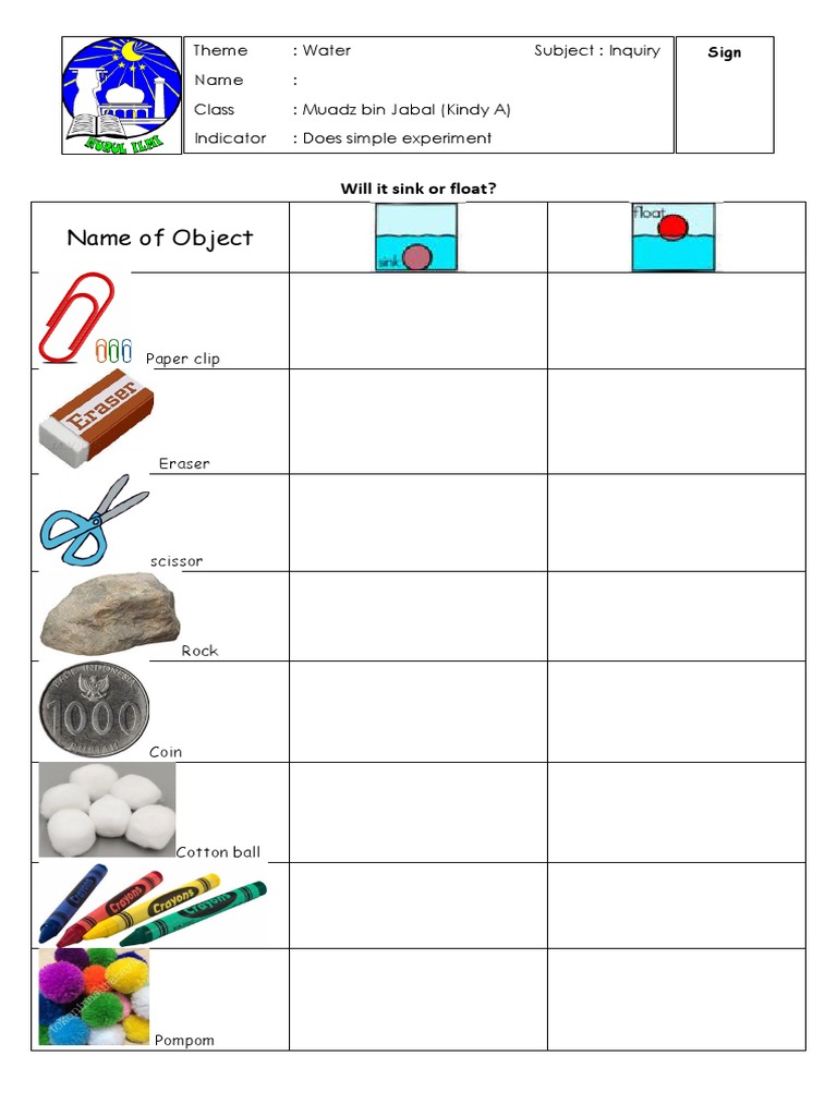 Sink or Float Worksheet Preschool, Water Theme | PDF