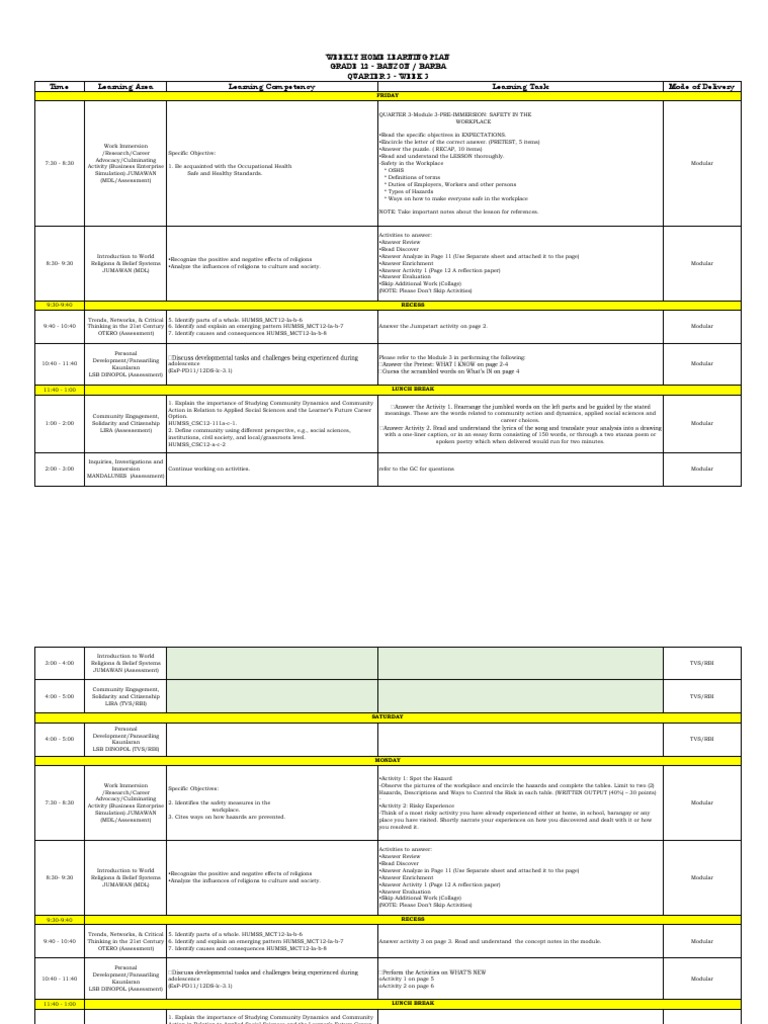 Time Learning Area Learning Competency Learning Task Mode of Delivery ...