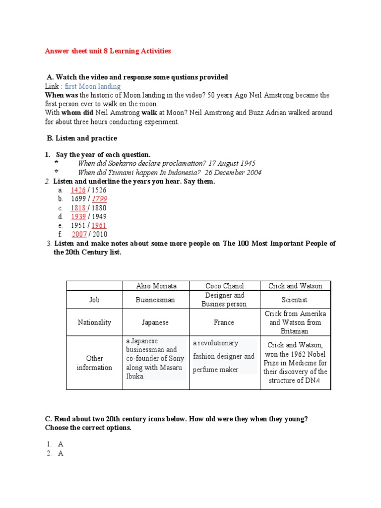 First Moon Landing: Answer Sheet Unit 8 Learning Activities | PDF