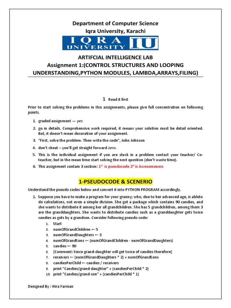 Department of Computer Science Iqra University, Karachi: 1 Is Pseudocode 2 Is Awesomeness | PDF ...