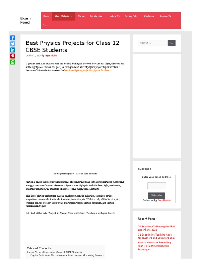Best Physics Projects For Class 12 CBSE Students: Exam Feed | PDF