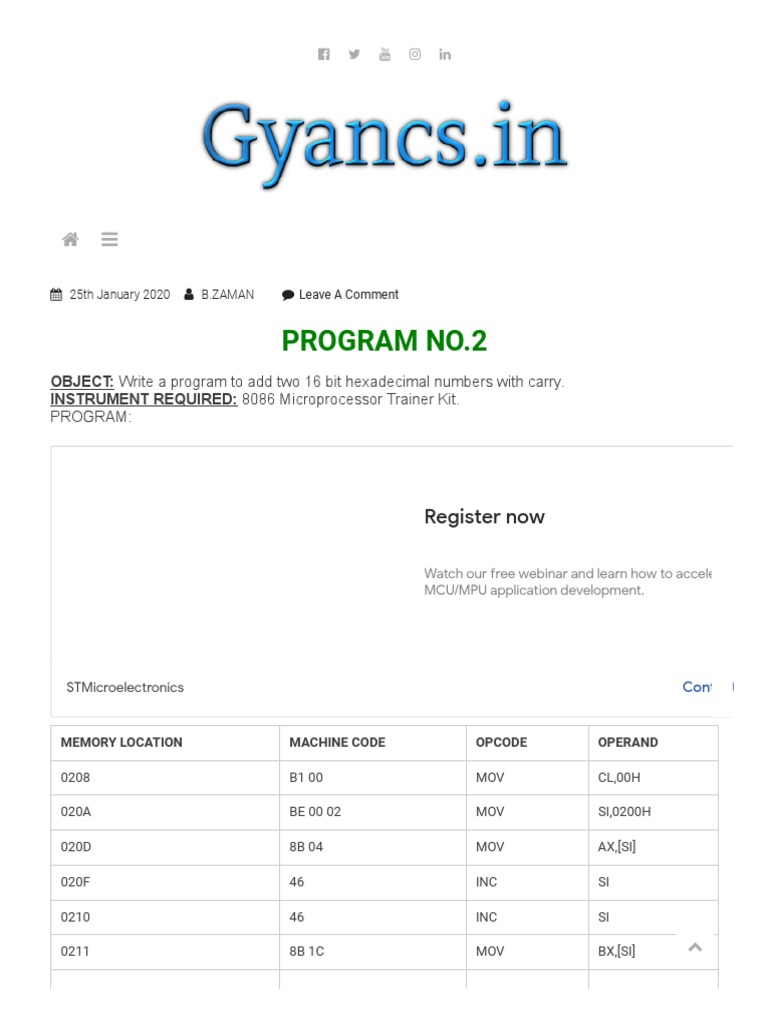 Addition of Two 16 Bits Numbers With Carry 8086 Microprocessor - Gyancs ...