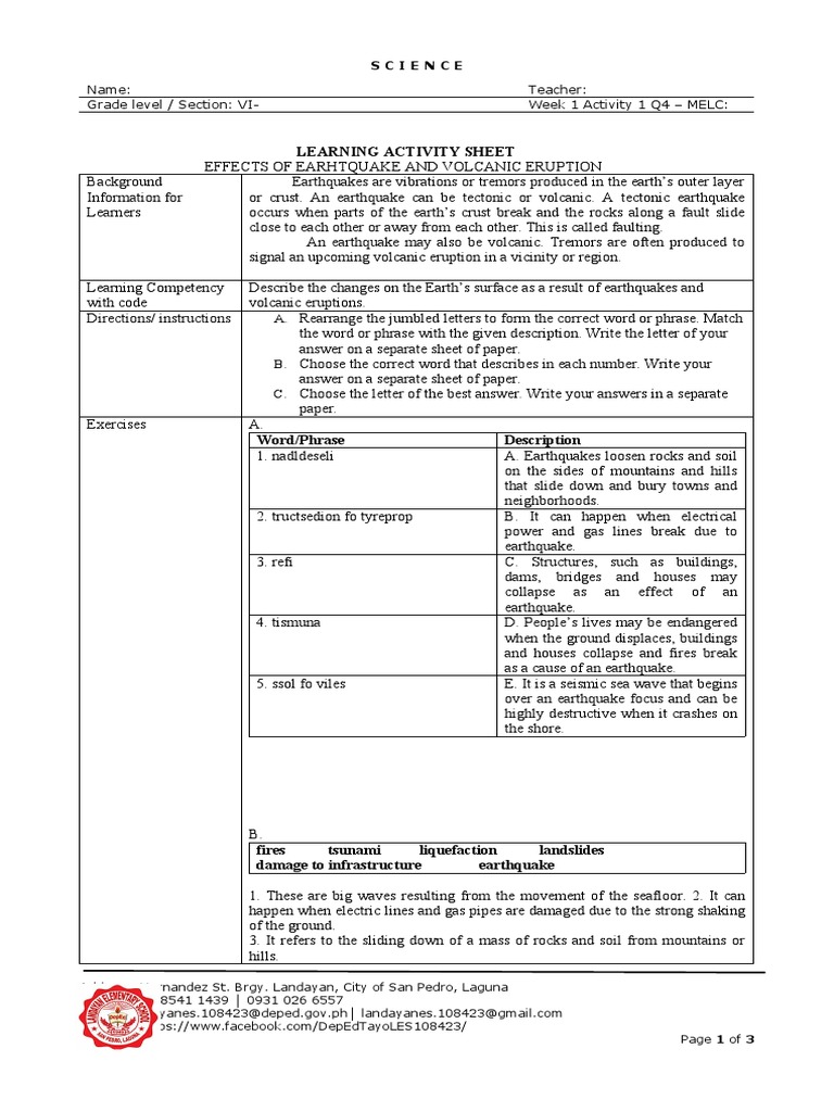 Learning Activity Sheet: Name: Teacher: Grade Level / Section: VI-Week 1 Activity 1 Q4 - MELC | PDF
