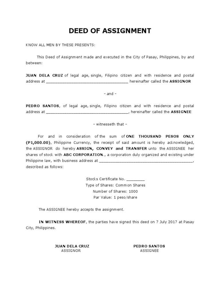 DEED OF ASSIGNMENT of Shares of Stocks (Draft) | Download Free PDF ...