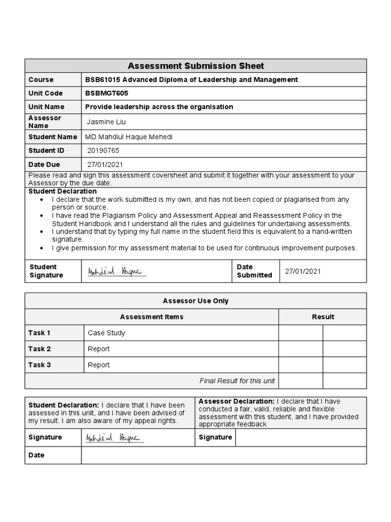 Assessment Submission Sheet: Final Result For This Unit | PDF ...