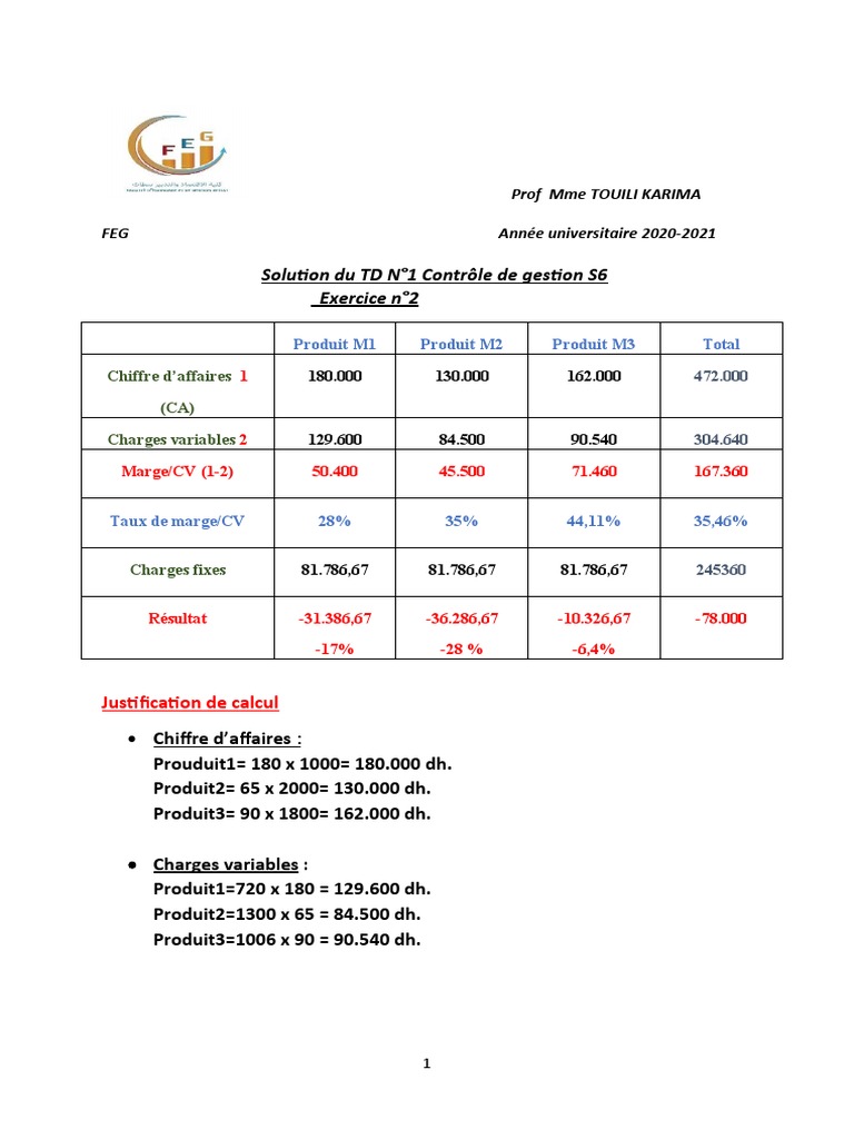 Solution Du TD N°1 Exercice N°2 | PDF | Business | Économie d'entreprise