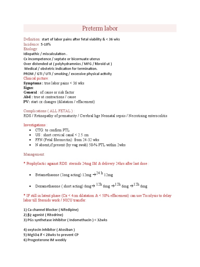 Preterm Labor. Summary | PDF | Childbirth | Preterm Birth