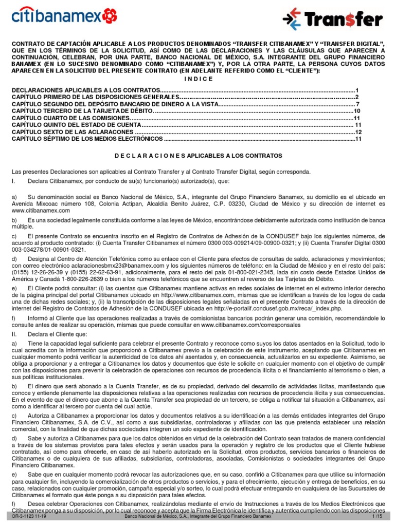 Contrato Transfer Banamex | PDF | Bancos | Teléfonos móviles