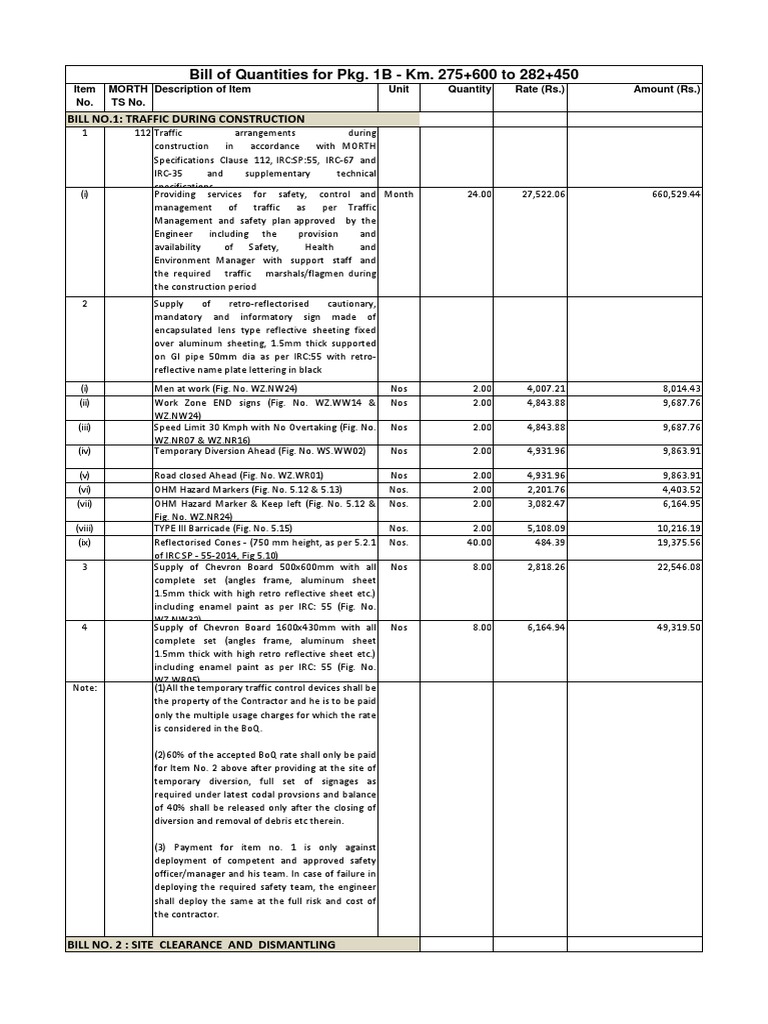 Bill of Quantities For Pkg. 1B - Km. 275+600 To 282+450: Bill No.1 ...