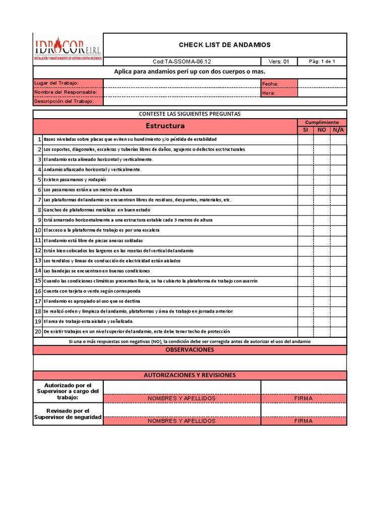 Ta Ssoma 06.12 Check List de Andamios | PDF | Andamio | Naturaleza Ta Ssoma 06.12 Check List de Andamios | PDF | Andamio | Naturaleza