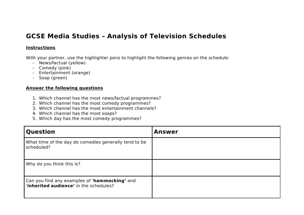 GCSE Media Studies - Analysis of Television Schedules: Answer | PDF