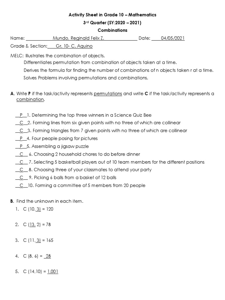Activity Sheet in Grade 10 - Mathematics 3 Quarter (SY:2020 - 2021 ...