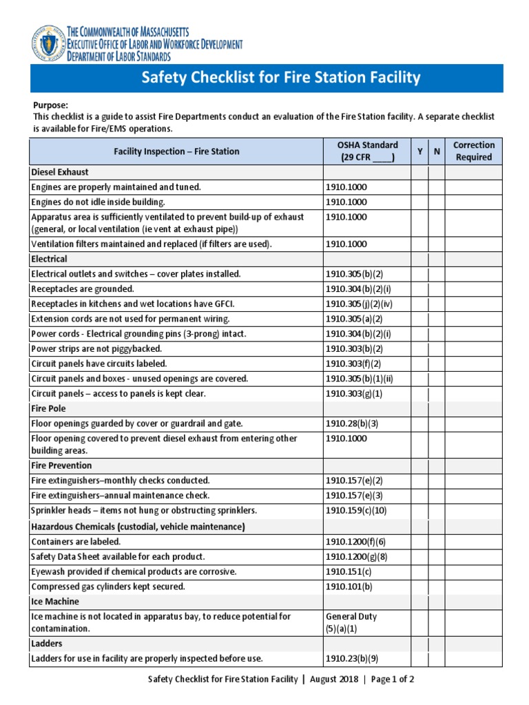 Fire Departments - Safety Checklist For Fire Station Facility (Final ...