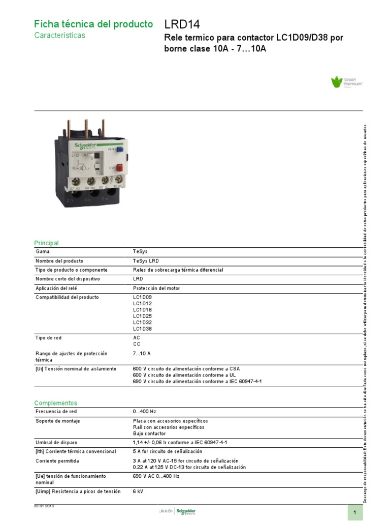 Ficha Técnica Del Producto: Rele Termico para Contactor LC1D09/D38 Por Borne Clase 10A - 7 10A | PDF